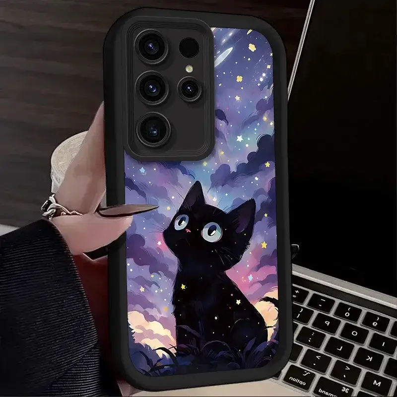 Starry Sky Black Cat Silicone Phone Case for S24 Ultra (1)