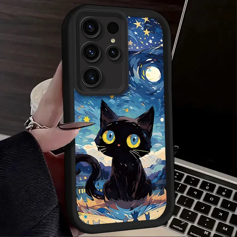 Starry Sky Black Cat Silicone Phone Case for S24 (1)