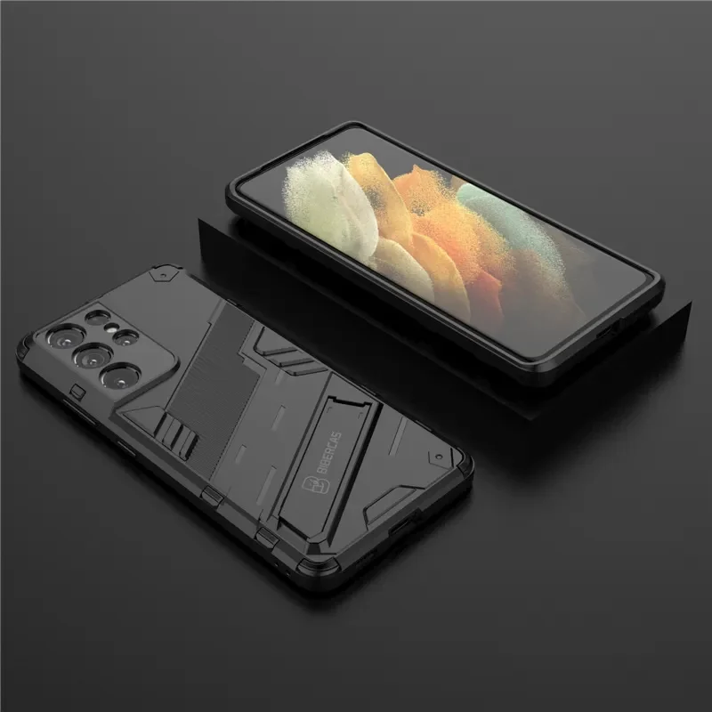 Rugged Armor Shockproof Phone Case with Holder Stand Back Cover for S22 (Black)