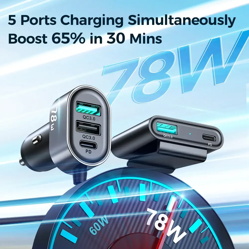 High-Power Multi-Port Car Charger with Fast Charging and Cable for 5 ...