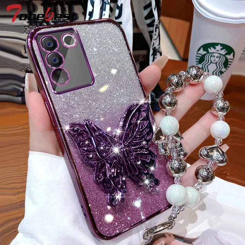 3D Butterfly Glitter Plating Phone Holder Bead Bracelet Case for S24 ...