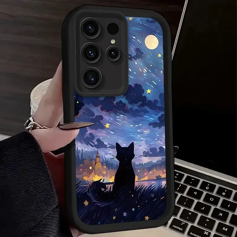 Starry Sky Black Cat Silicone Phone Case for S25 Ultra (1)