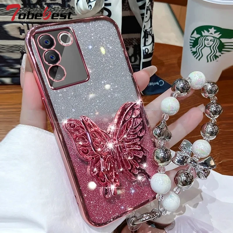 3D Butterfly Glitter Plating Phone Holder Bead Bracelet Case for S24 ...