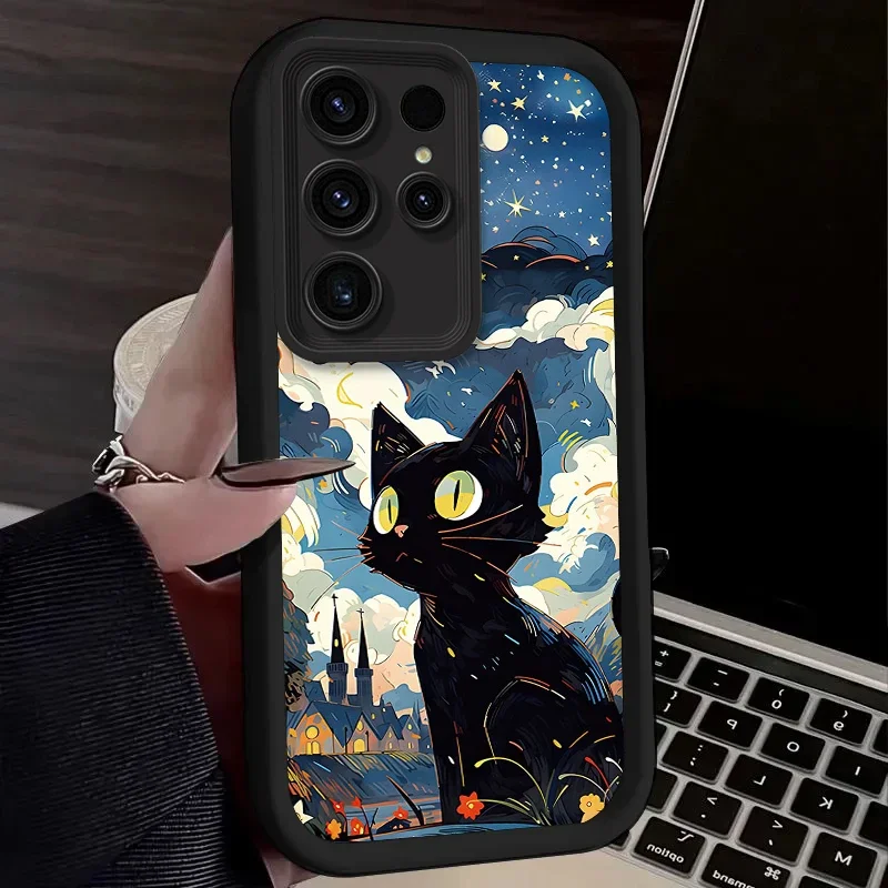 Starry Sky Black Cat Silicone Phone Case for S25 Ultra (1)
