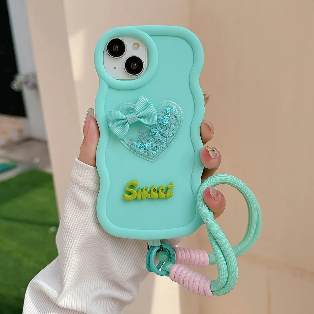Quicksand Love Heart Hanging Rope Phone Case for A05 (Cyan)
