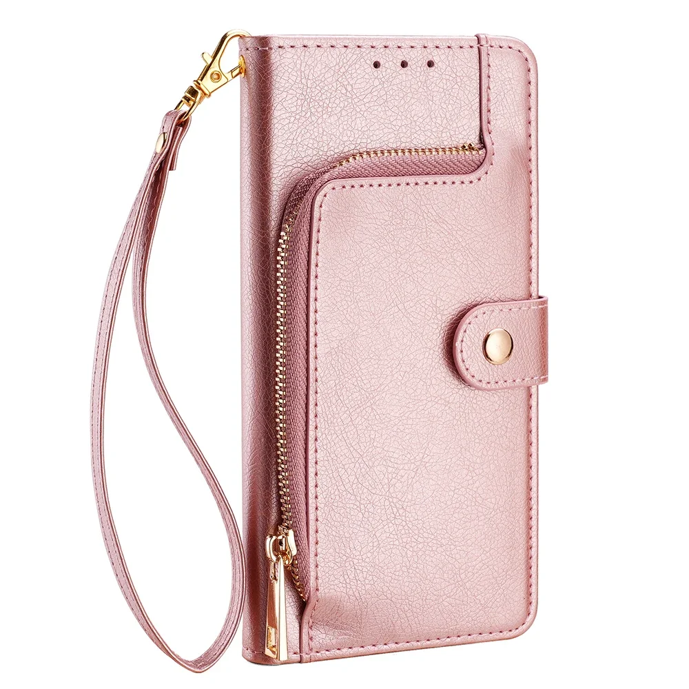 Luxurious Leather Zipper Wallet Phone Case with Lanyard and Card Slots ...