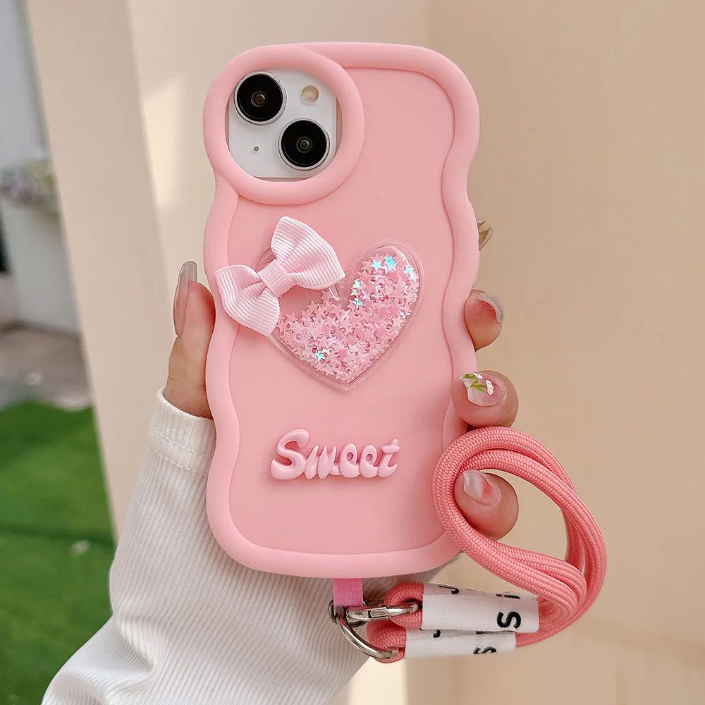 3D Quicksand Love Heart Soft Phone Case with Wrist Strap for OPPO A77 ...